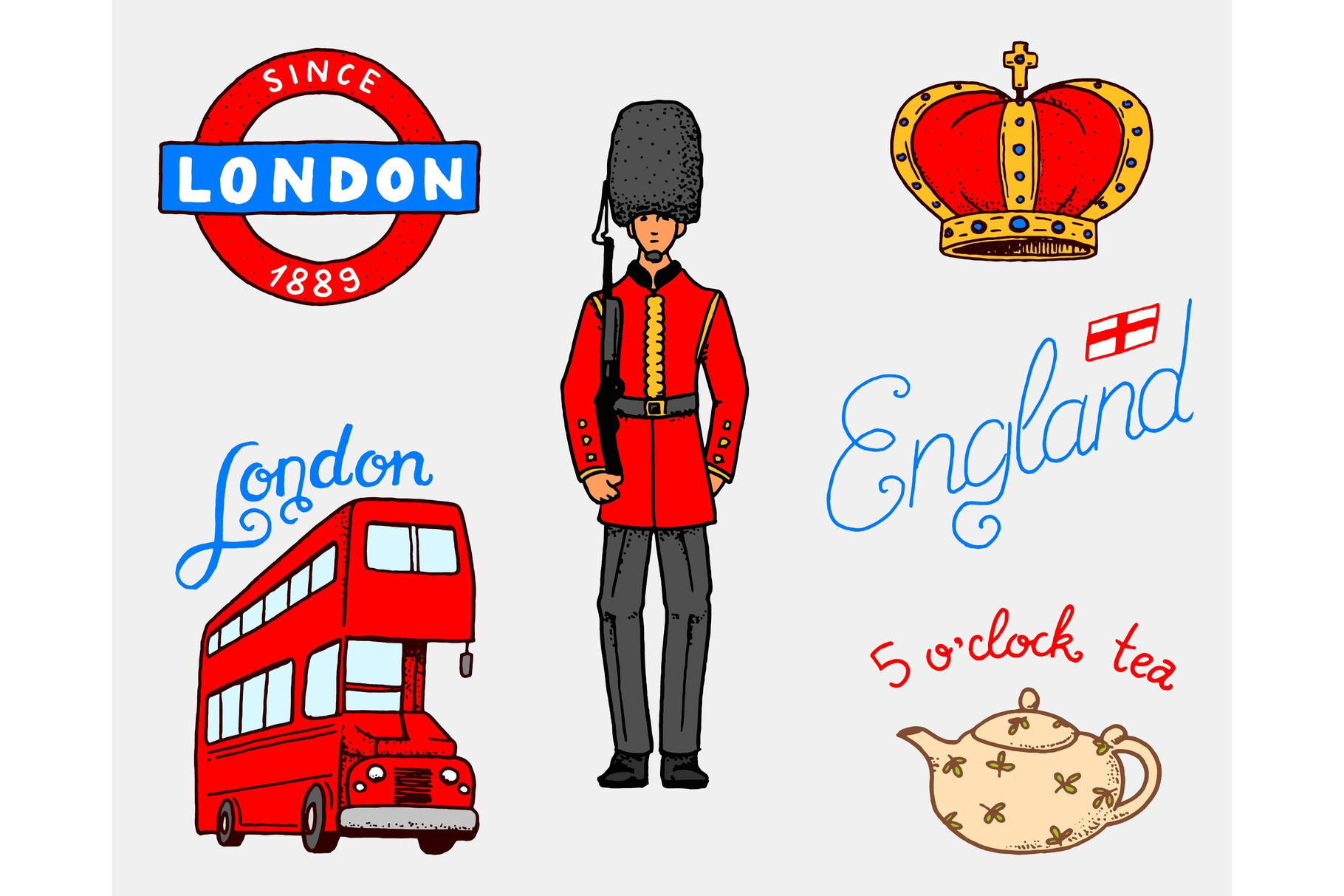 British Logo, Crown and Queen, teapot with tea, bus and royal guard ...