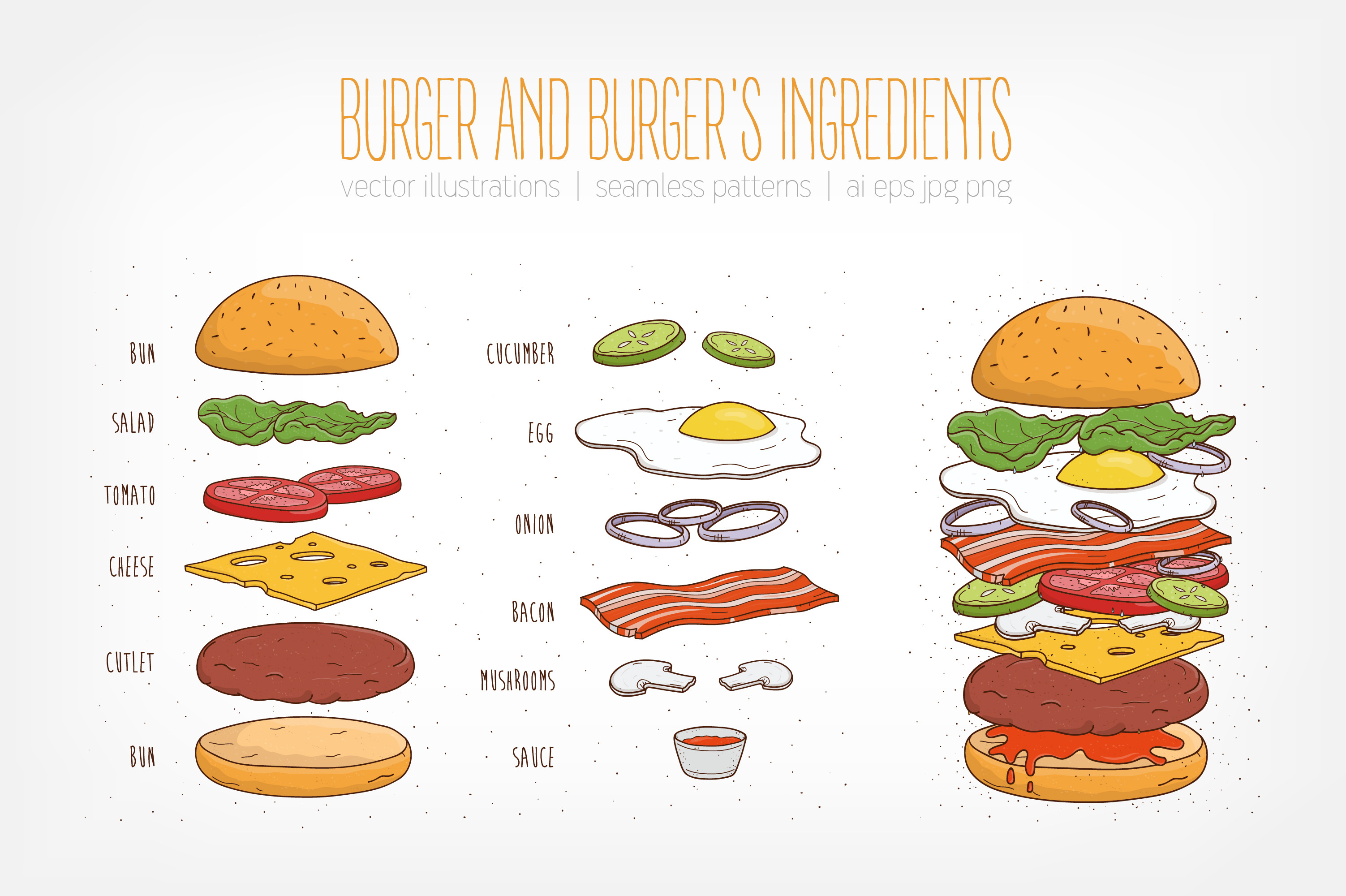 Burger and burger's ingredients, a Decorative Illustration by Good Studio