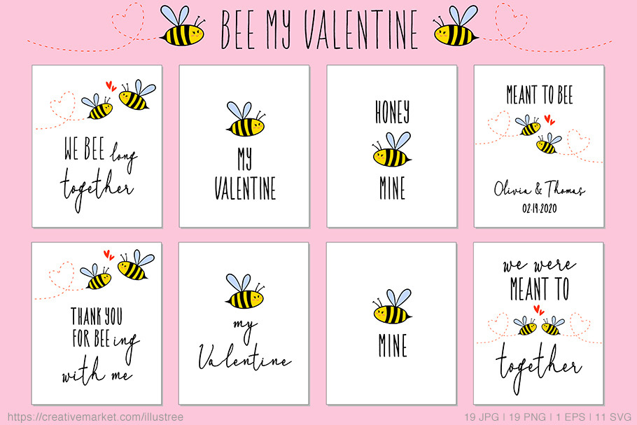 Bee my Valentine, 8 vector cards, a Graphic by Illustree