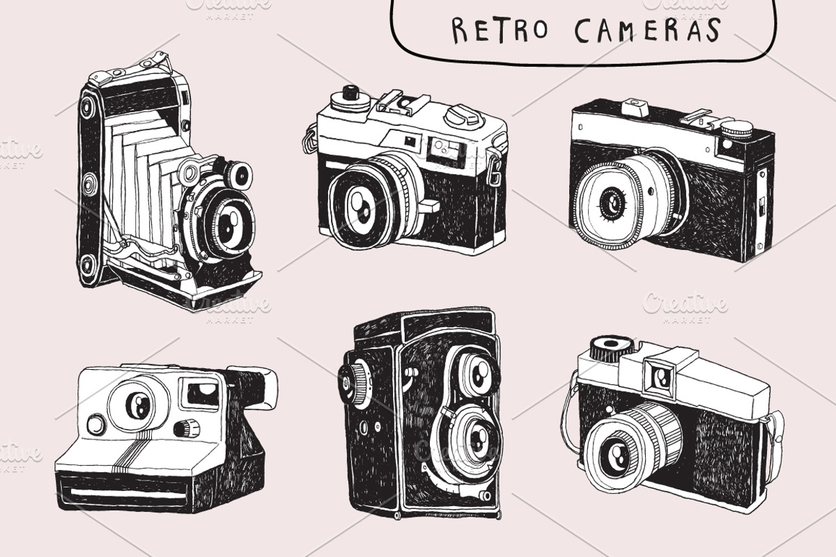 6 Retro Camera Clip Art Drawing, an Object Graphic by Binimal