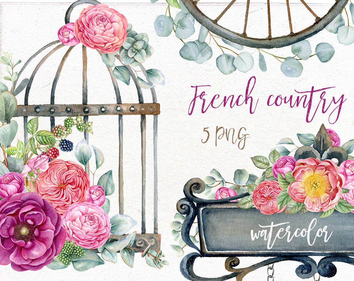 Watercolor French country clip art., a Decorative Illustration by Mary