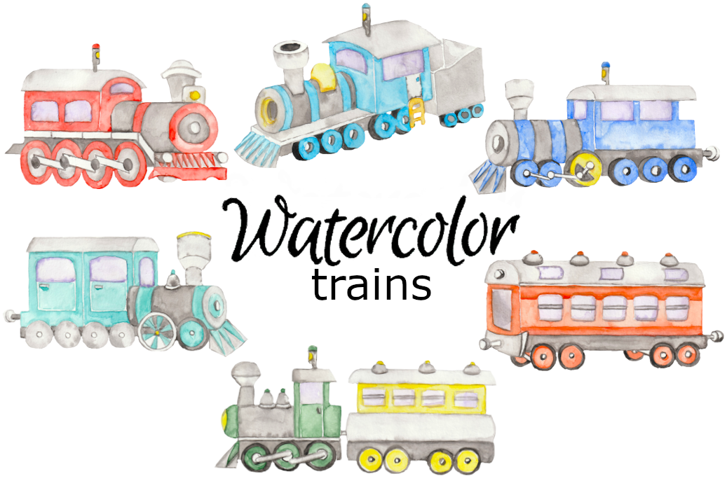 Watercolor trains clipart, a Background Graphic by GoodFairyClipArt