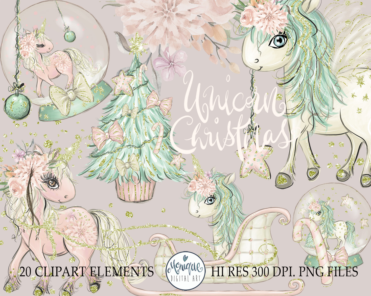 Unicorn Clipart, Christmas Clipart, an Illustration by Monique Digital Art
