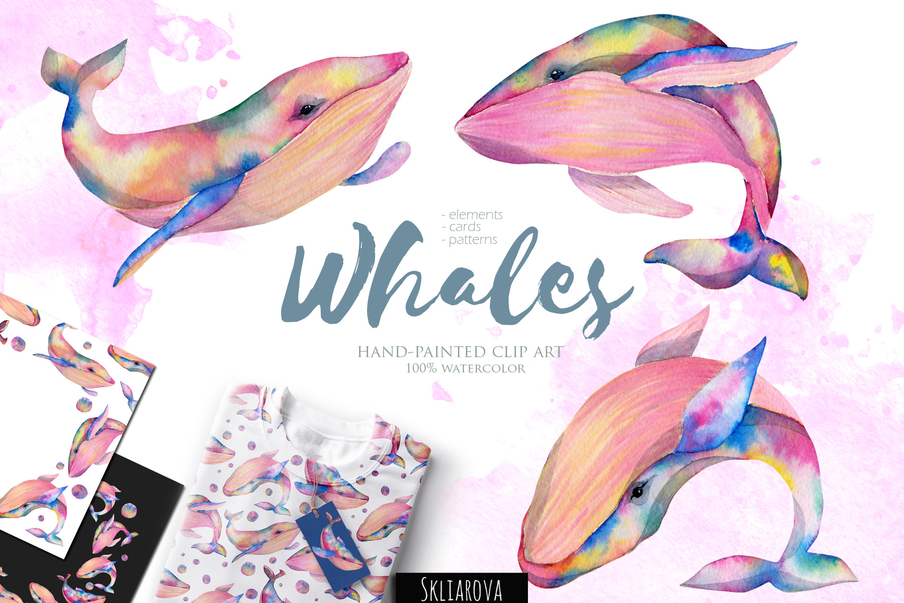 Whales. Watercolor clip art., an Animal Illustration by Skliarova ...