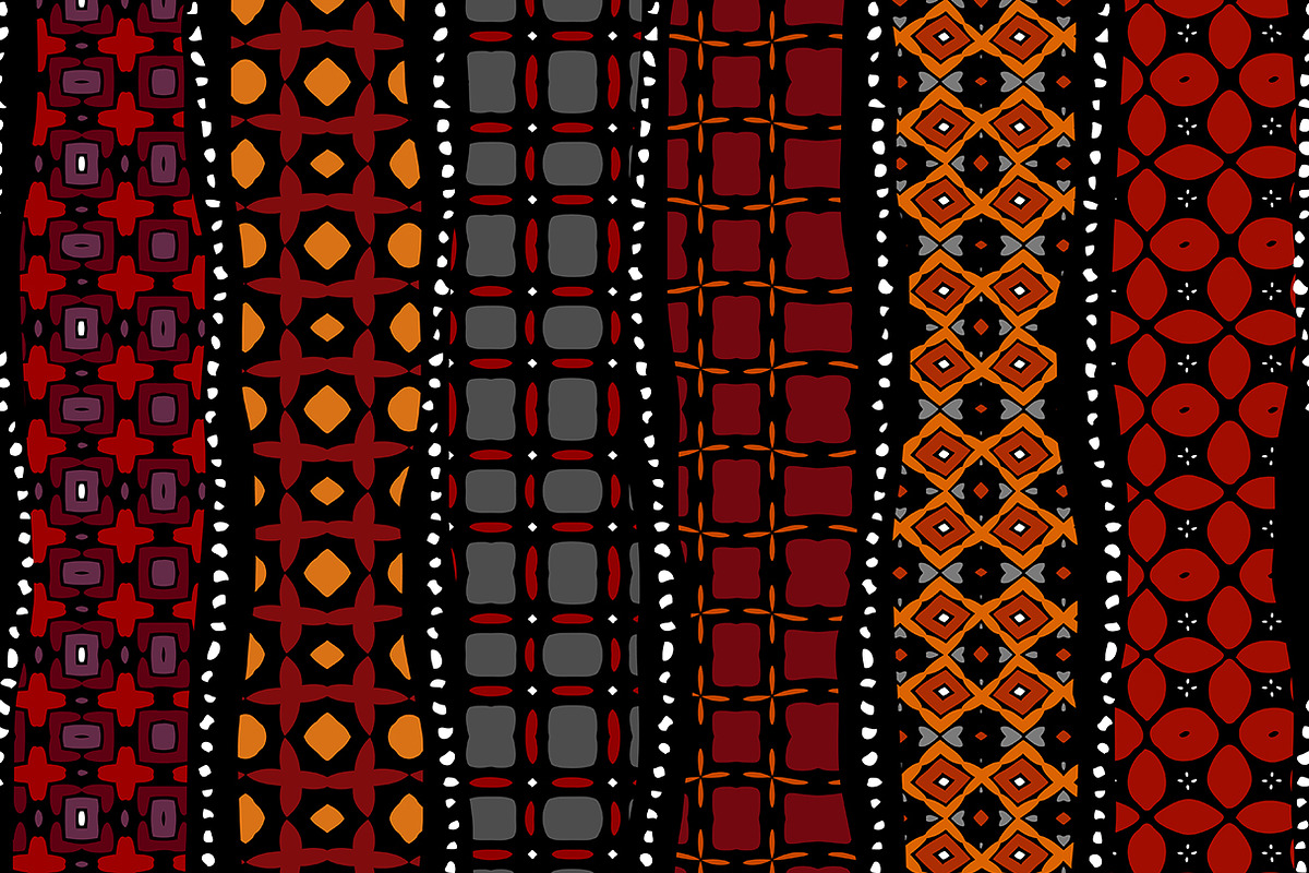 Abstract patchwork tribal patterns.
