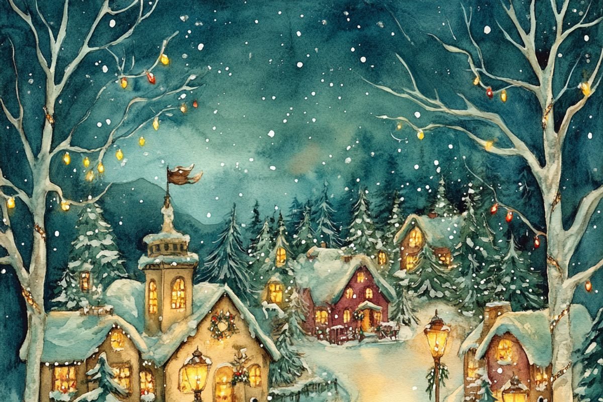 Watercolor Snowy Christmas Village
