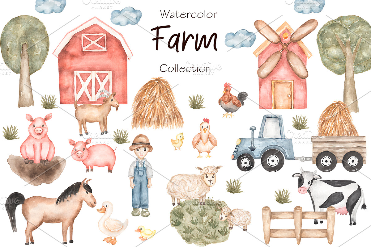 Watercolor Farm Collection, an Animal Illustration by MayaNavits