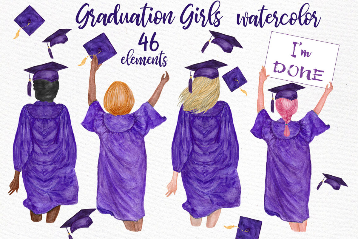 Graduation Clipart Watercolor Girls, an Illustration by LeCoqDesign