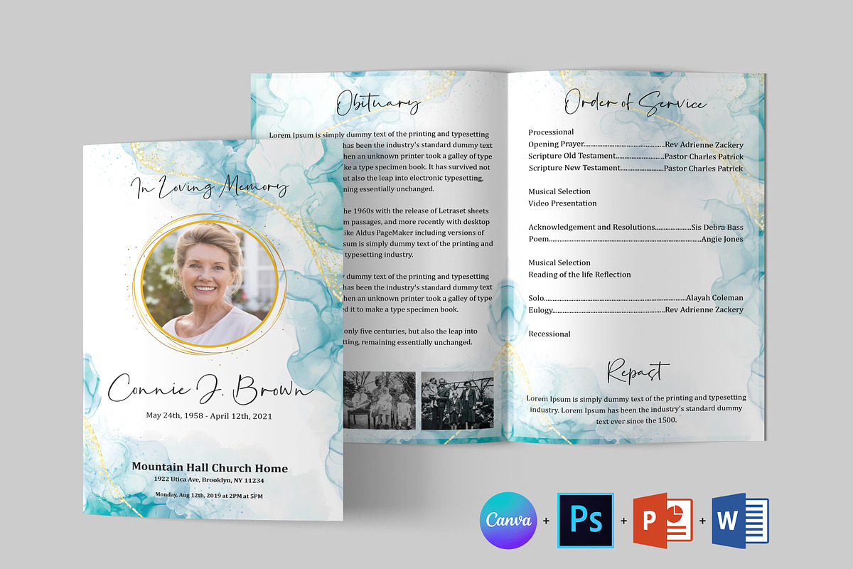 Turquoise Funeral Program Template, a Brochure Template by Designscozy