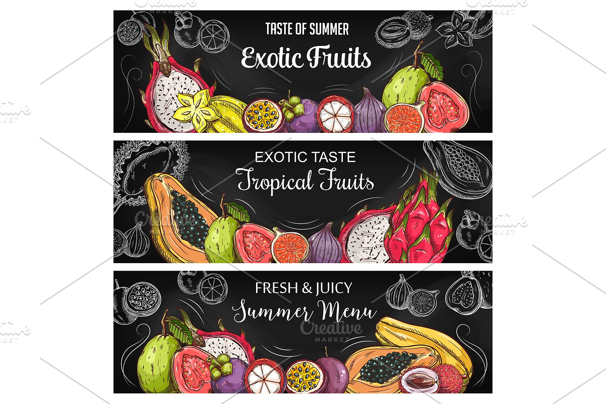 Tropical fruits vector banners, a Food Illustration by Vector Tradition ...