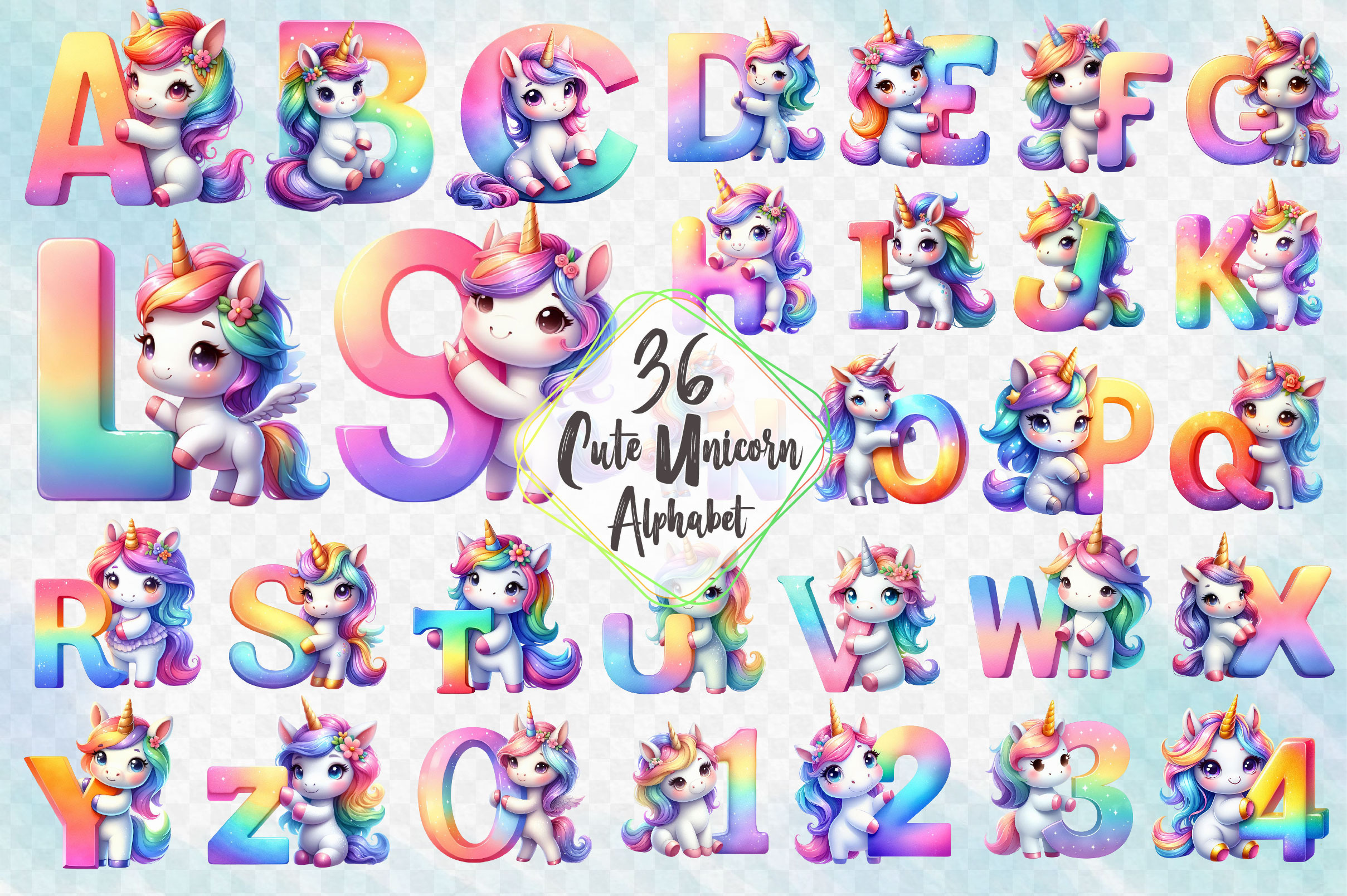 Cute Unicorn Alphabet Clipart PNG, a Work Illustration by Dream Creation