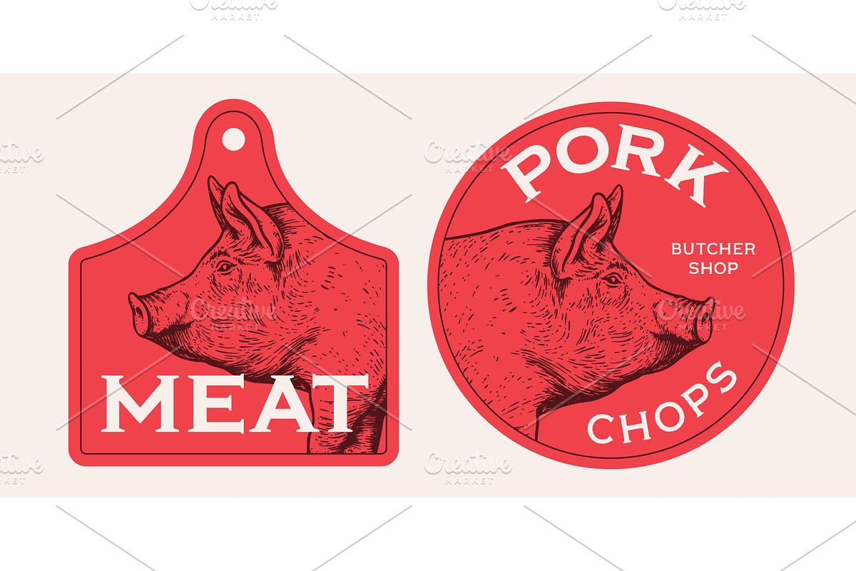 Pork, pig head, meat tag label, a Food Illustration by Foxys Graphic