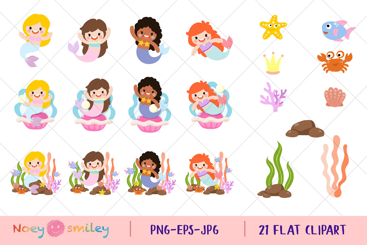 Mermaids Flat Clipart, sea animals, a Person Illustration by Noey smiley