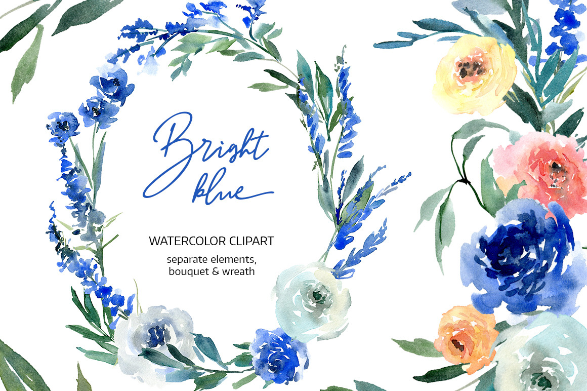 Royal Blue Watercolor Flowers, an Illustration by GraphicsDish