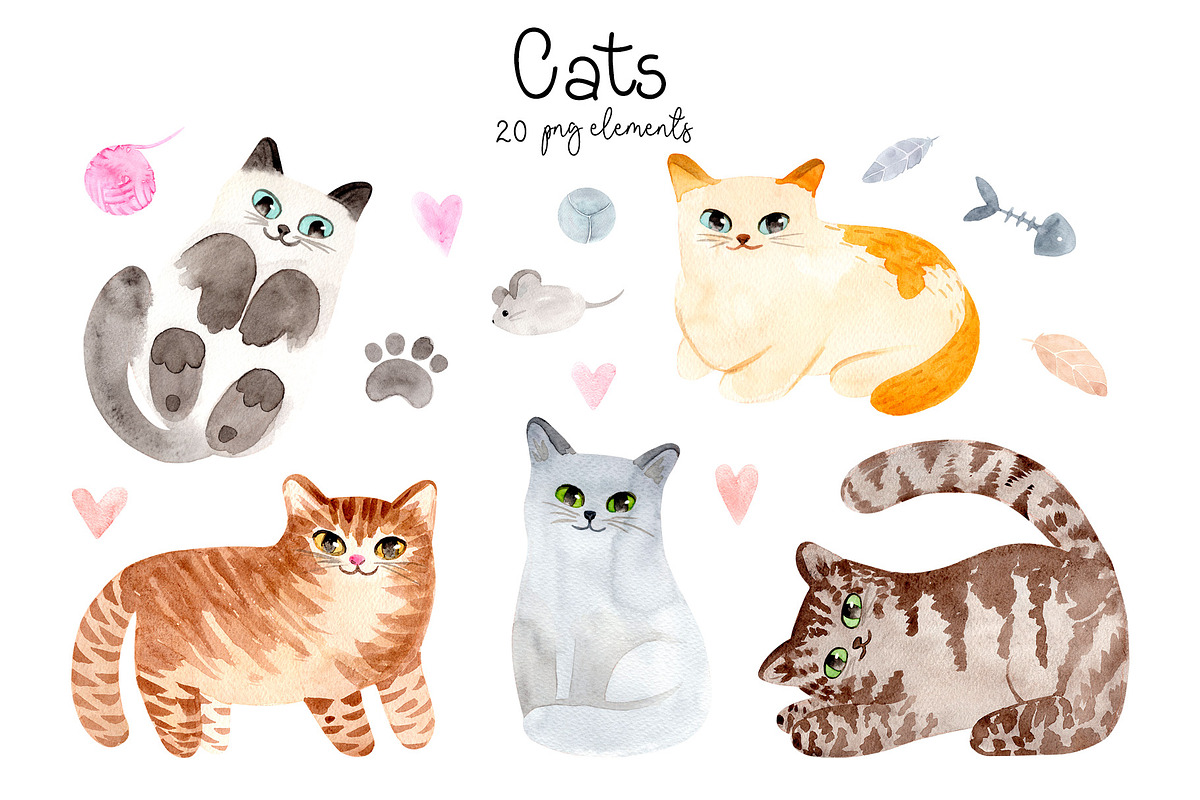 Watercolor Cute Cats. Patterns, an Animal Illustration by Slastick