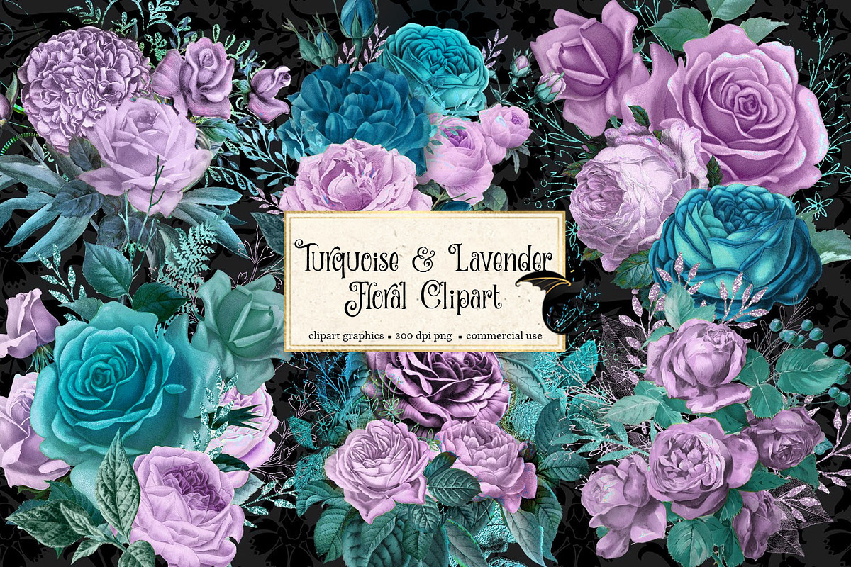 Turquoise & Lavender Floral Clipart, an Illustration by Digital Curio