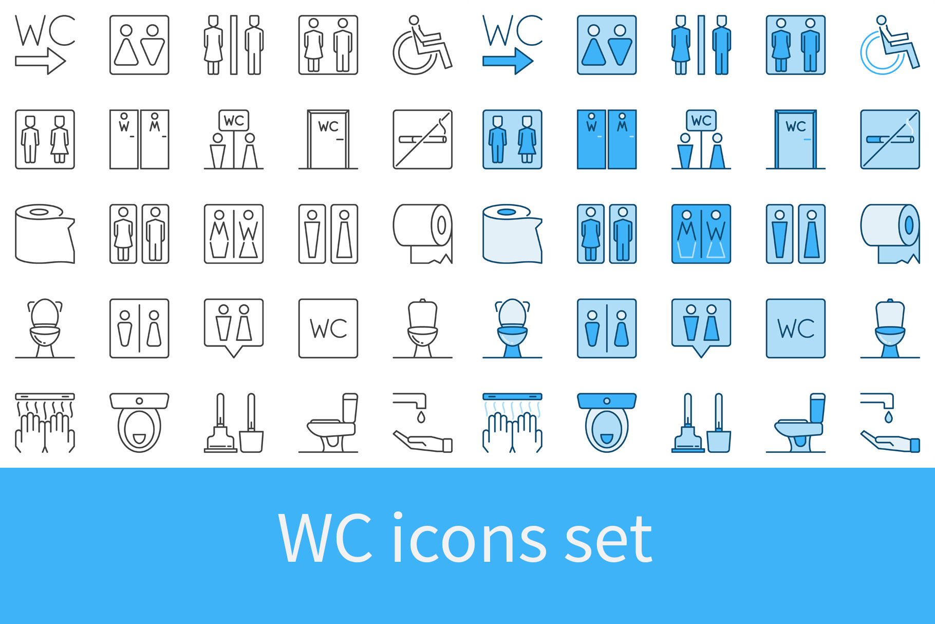 WC - Man and Woman Toilet icons, an Outline Icon by VenomousVector