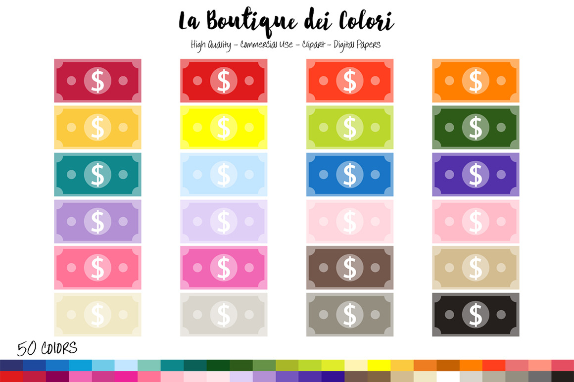 50 Rainbow Paper Dollar Clipart, an Illustration by La Boutique dei Colori