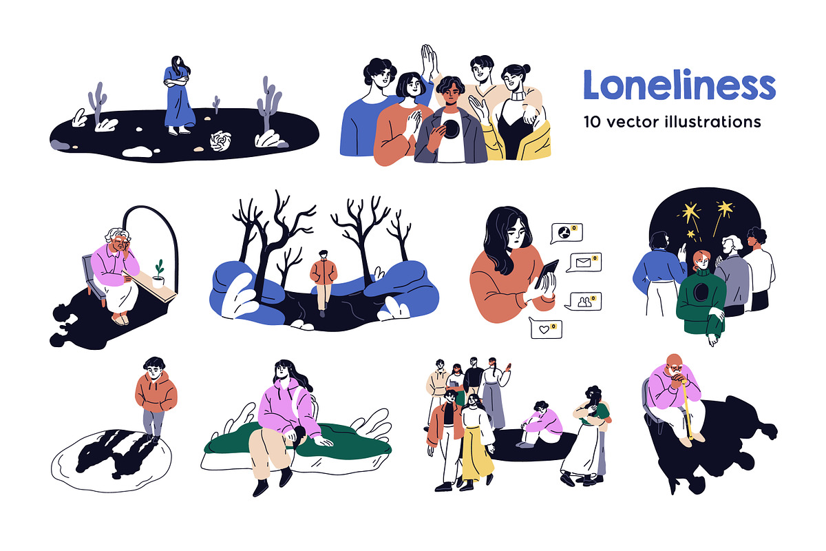 Loneliness, psychology concept set, a Person Illustration by Good Studio