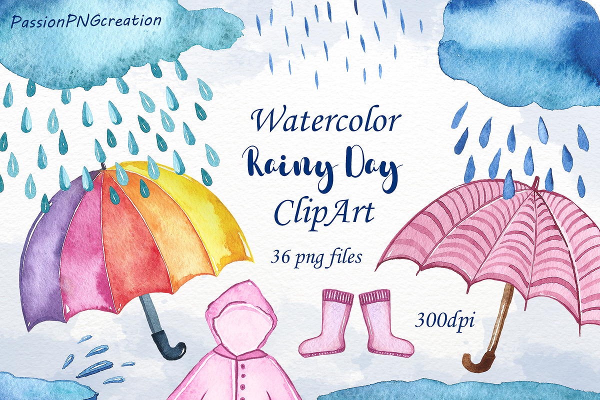 Watercolor Rainy Day Clipart, a Decorative Illustration by ...