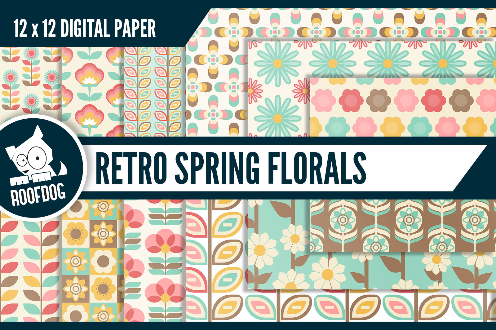 Retro spring floral digital paper, a Pattern Graphic by Roofdog Design