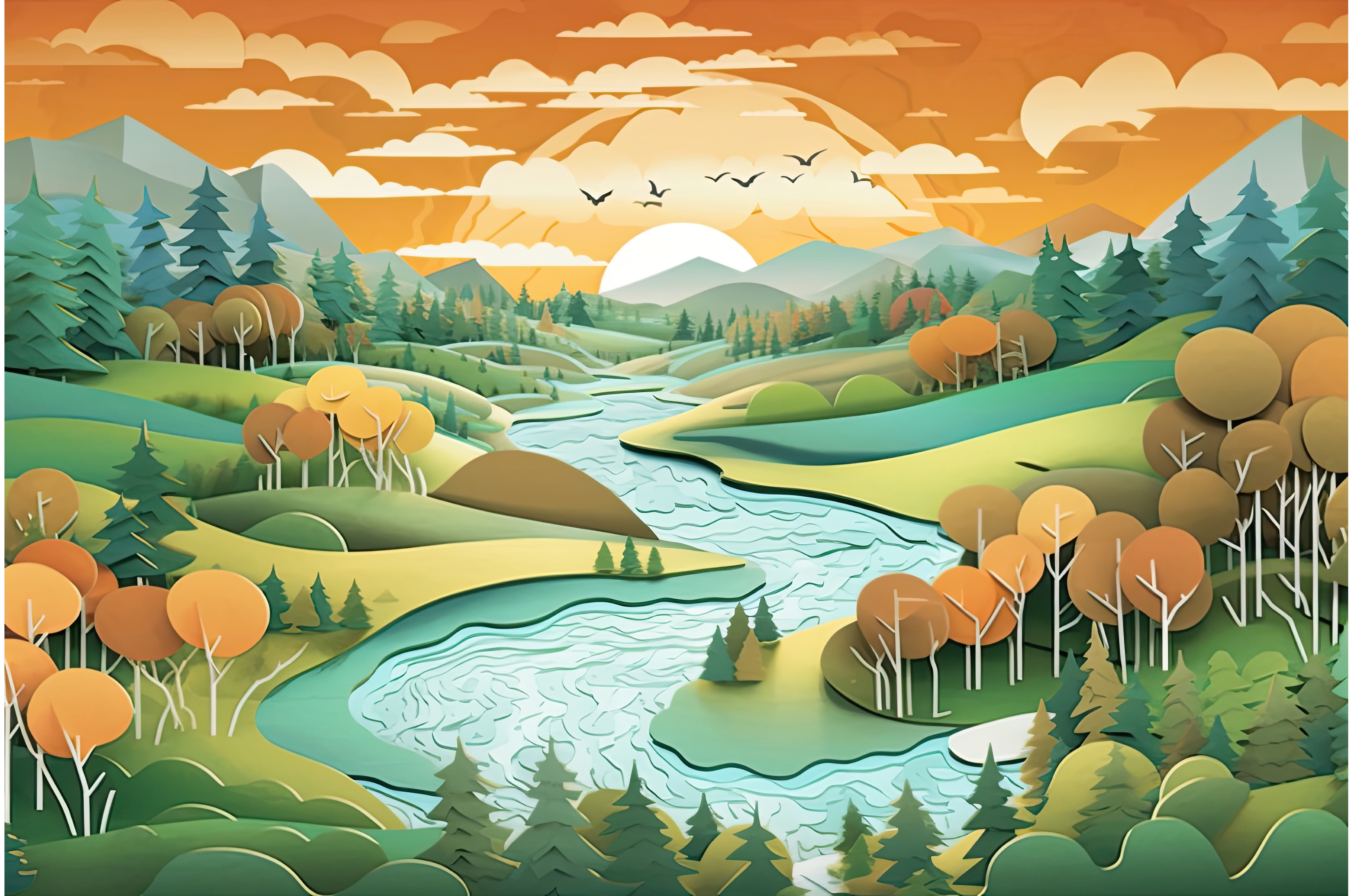 River valley papercut illustration - | Illustrations ~ Creative Market