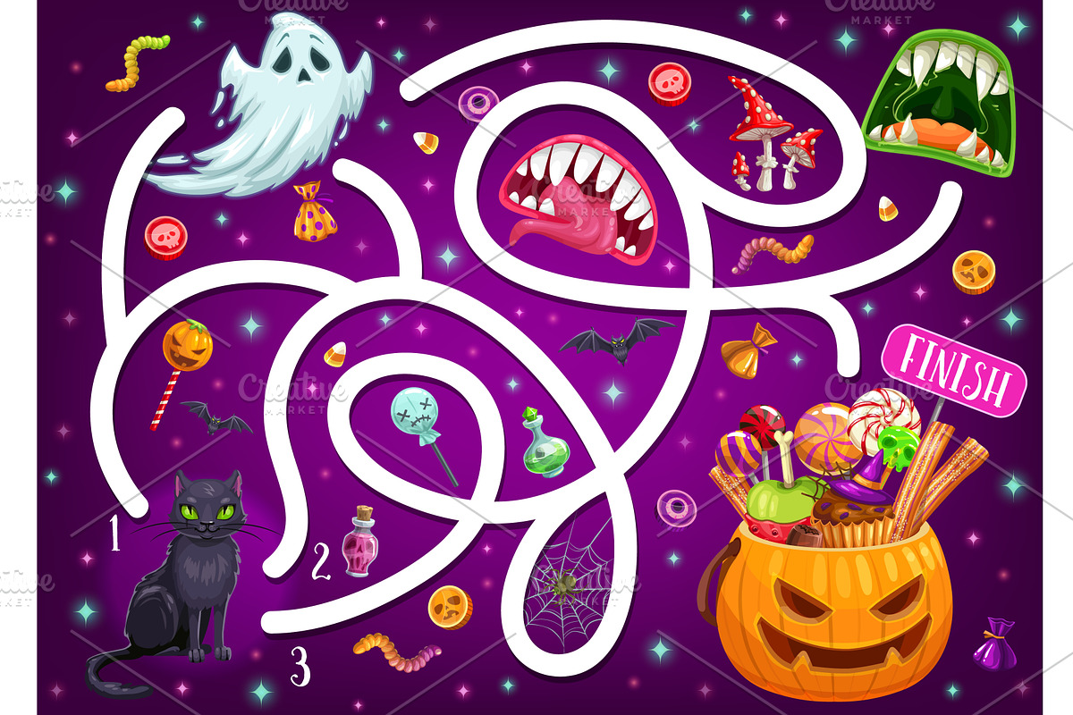Kids maze with Halloween characters, an Education Illustration by ...