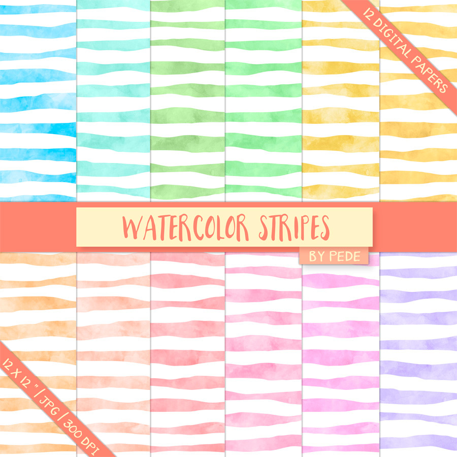 Watercolor stripes digital paper, a Pattern Graphic by PeDe Designs