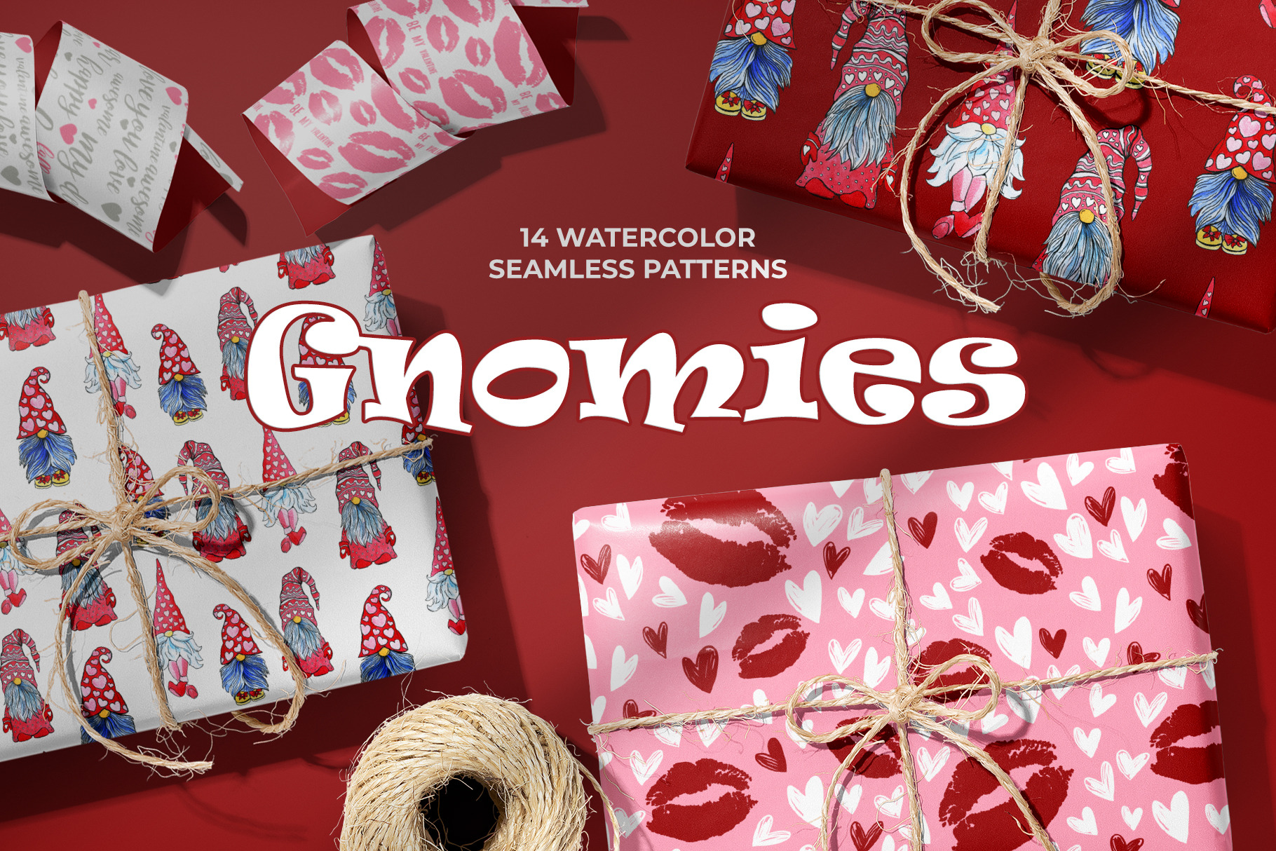 Valentine Gnomies Digital Papers, a Pattern Graphic by ilonitta