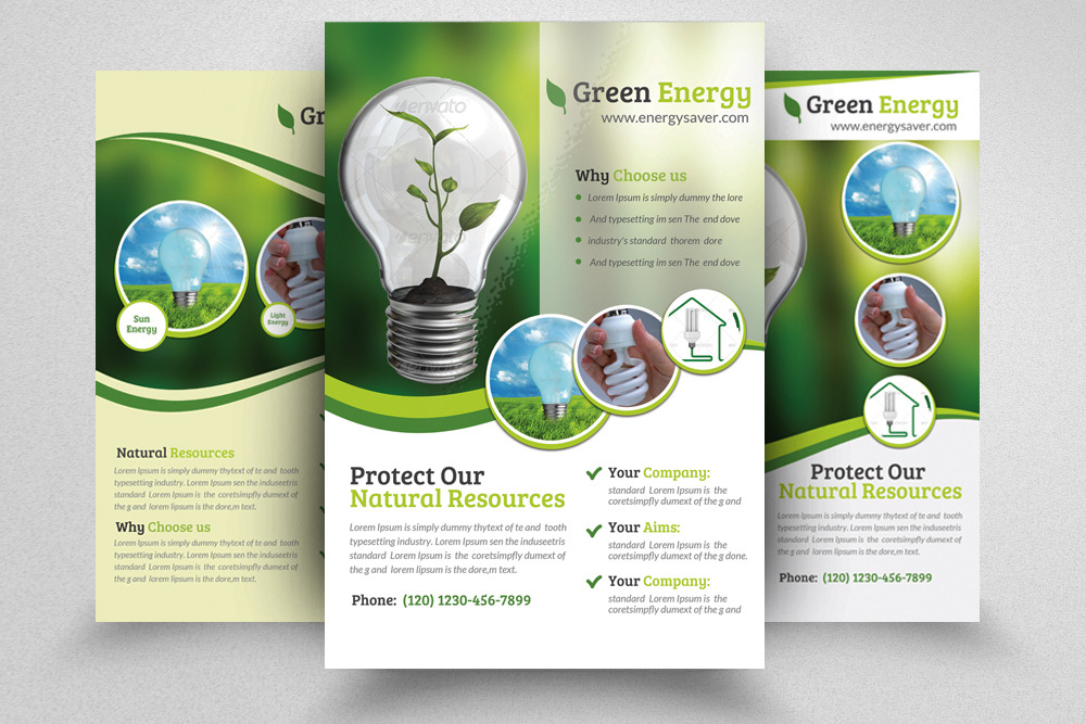 Pack of 3 Green Energy Flyers, a Flyer Template by Psd Templates