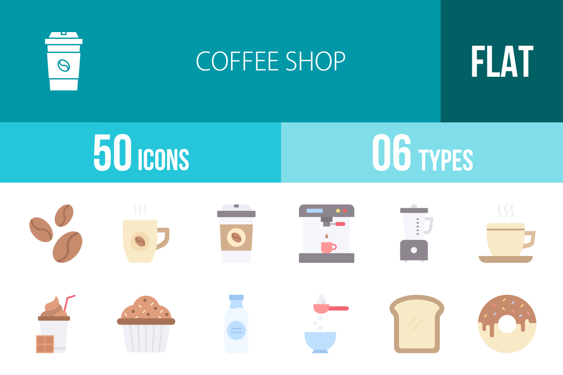 50 Coffee Shop Flat Multicolor Icons, an Icon by IconBunny | Creative ...