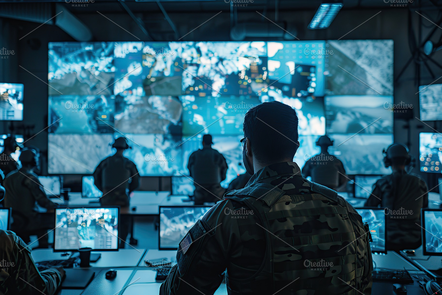 Military command center with TV screens with surveillance, a Technology ...