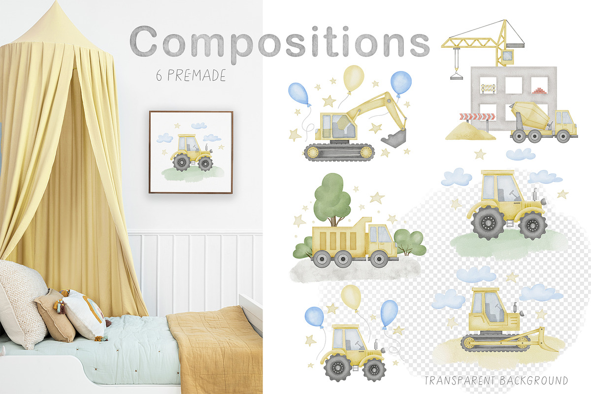 Construction Trucks watercolor set, a Transportation Illustration by ...