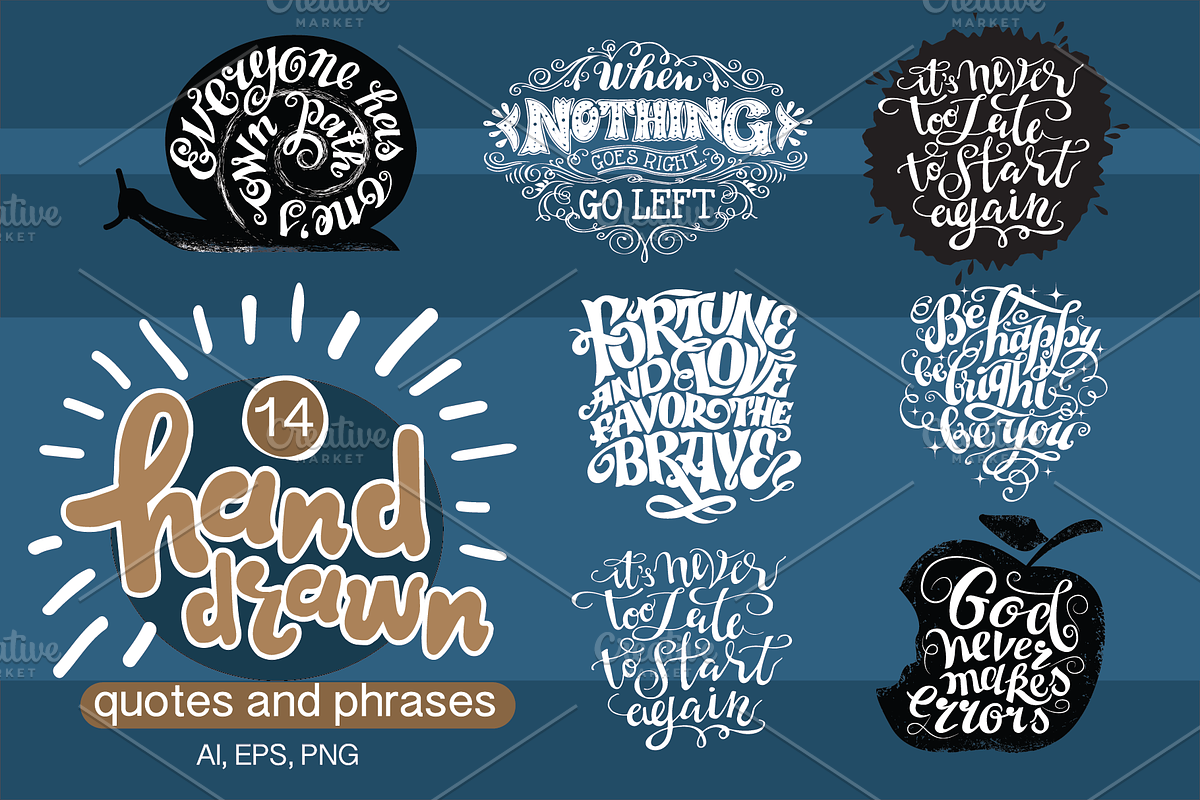 14 hand drawn quotes and phrases, a Decorative Illustration by Tookkee ...