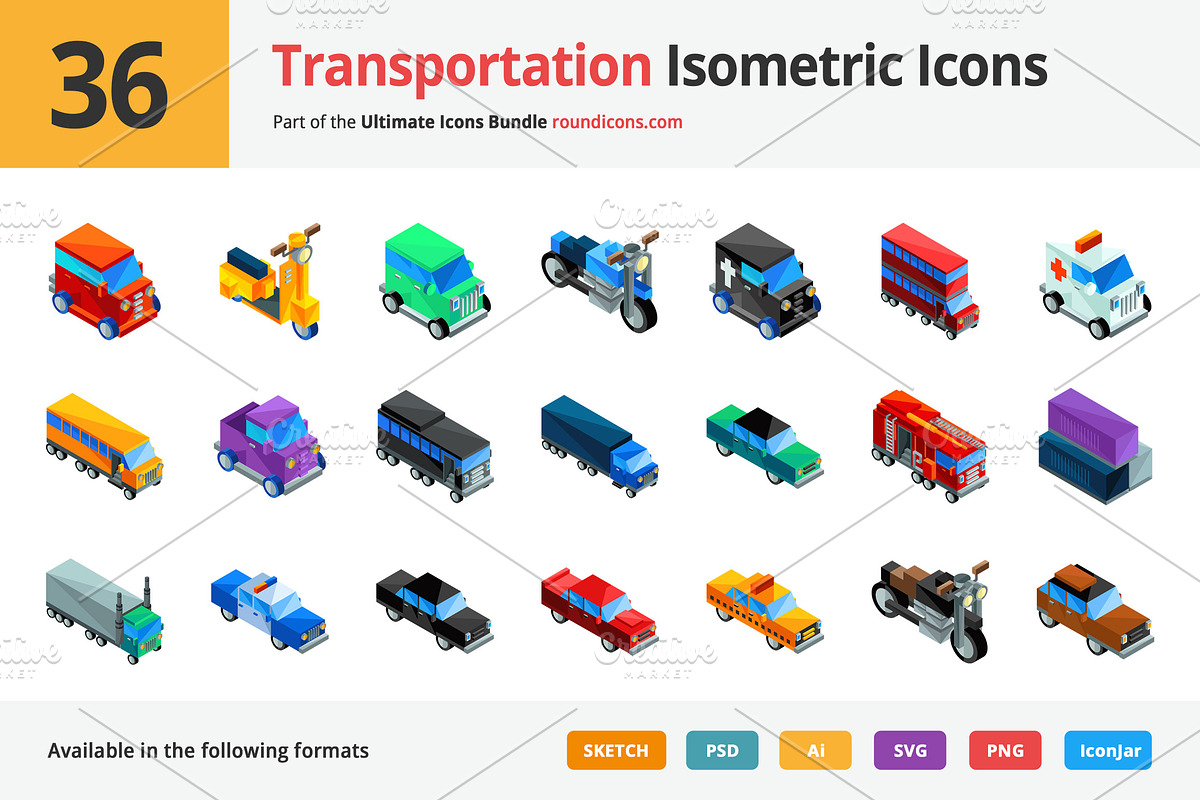 36 Transportation Isometric Icons, an Icon by Vectopus.com