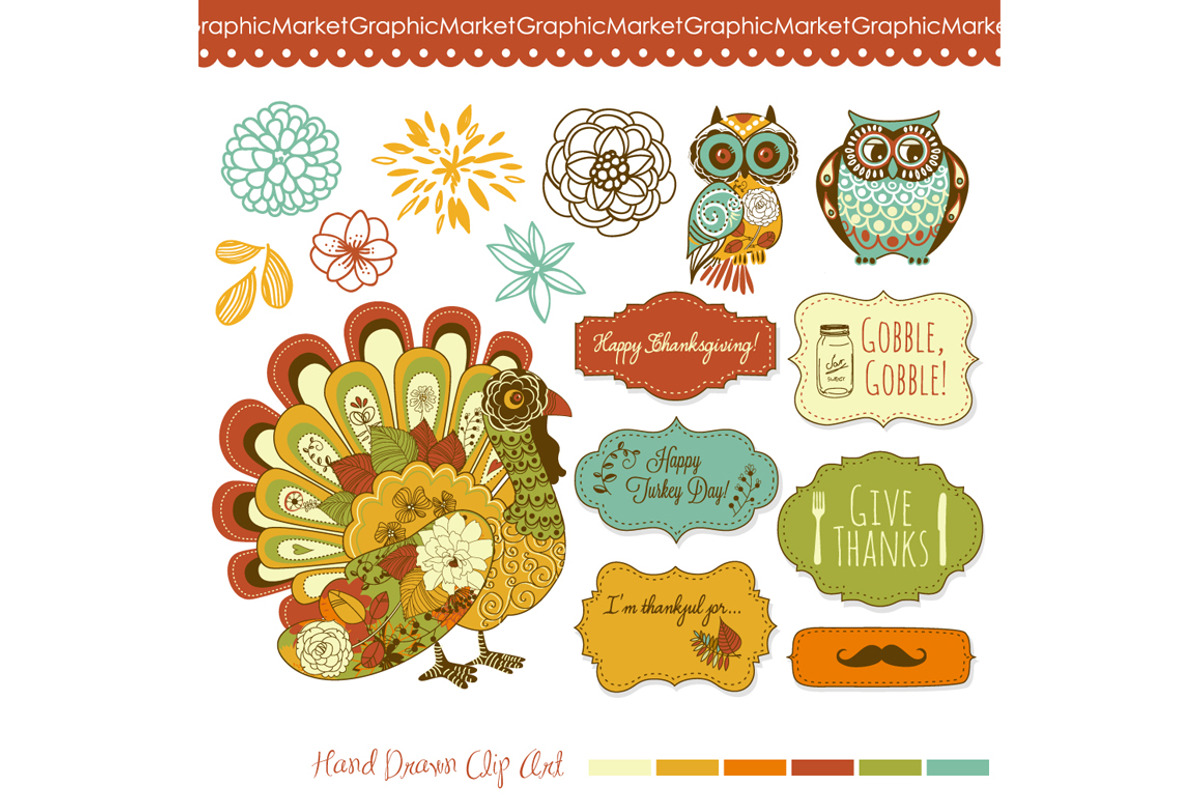 Thanksgiving, turkey, fall clip art, an Illustration by GraphicMarket