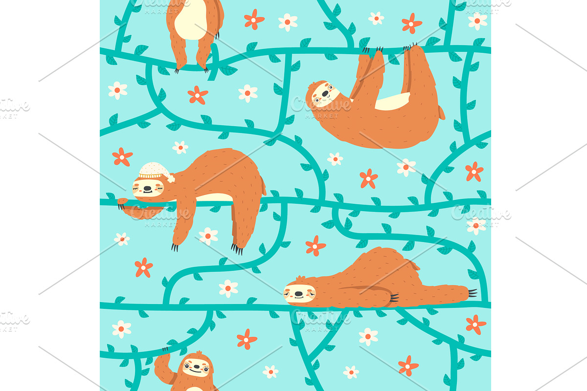 Cute sloths pattern. Lazy tropical, a Background Graphic by winwin.art