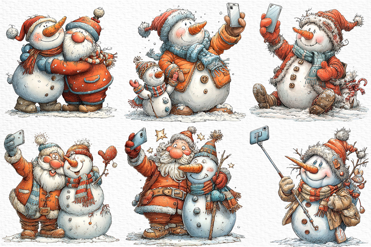 Santa snowman selfie clipart, an Illustration by Craft Nest