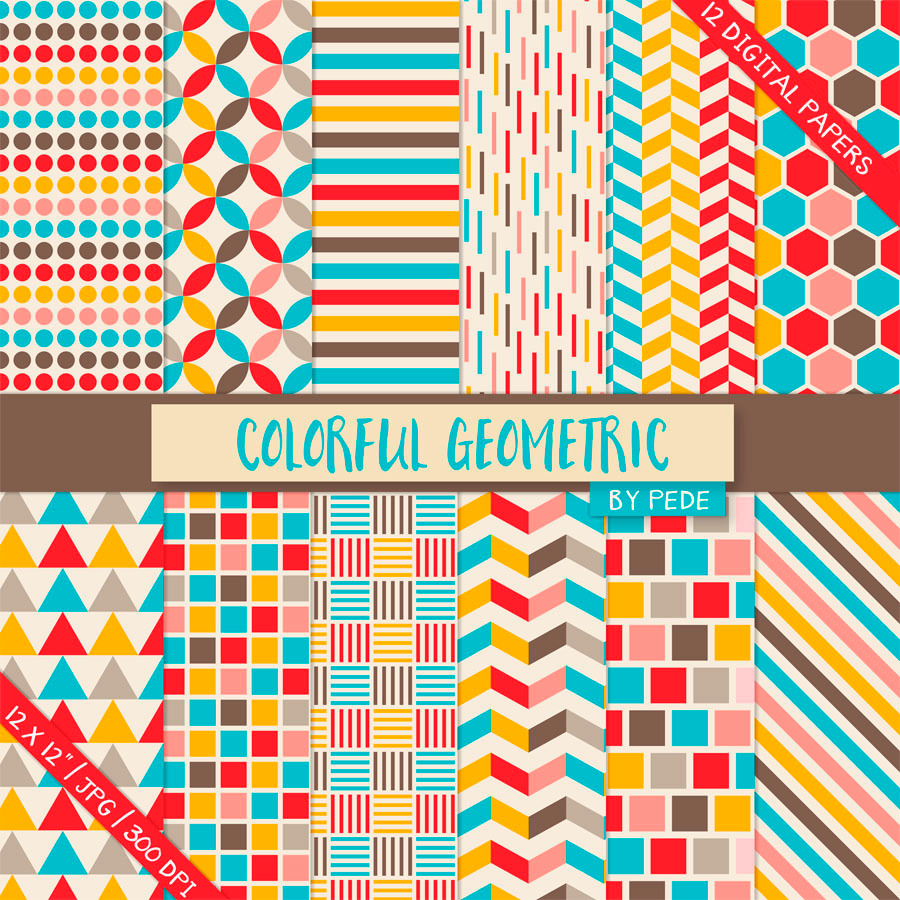 Colorful geometric digital paper, a Pattern Graphic by PeDe Designs