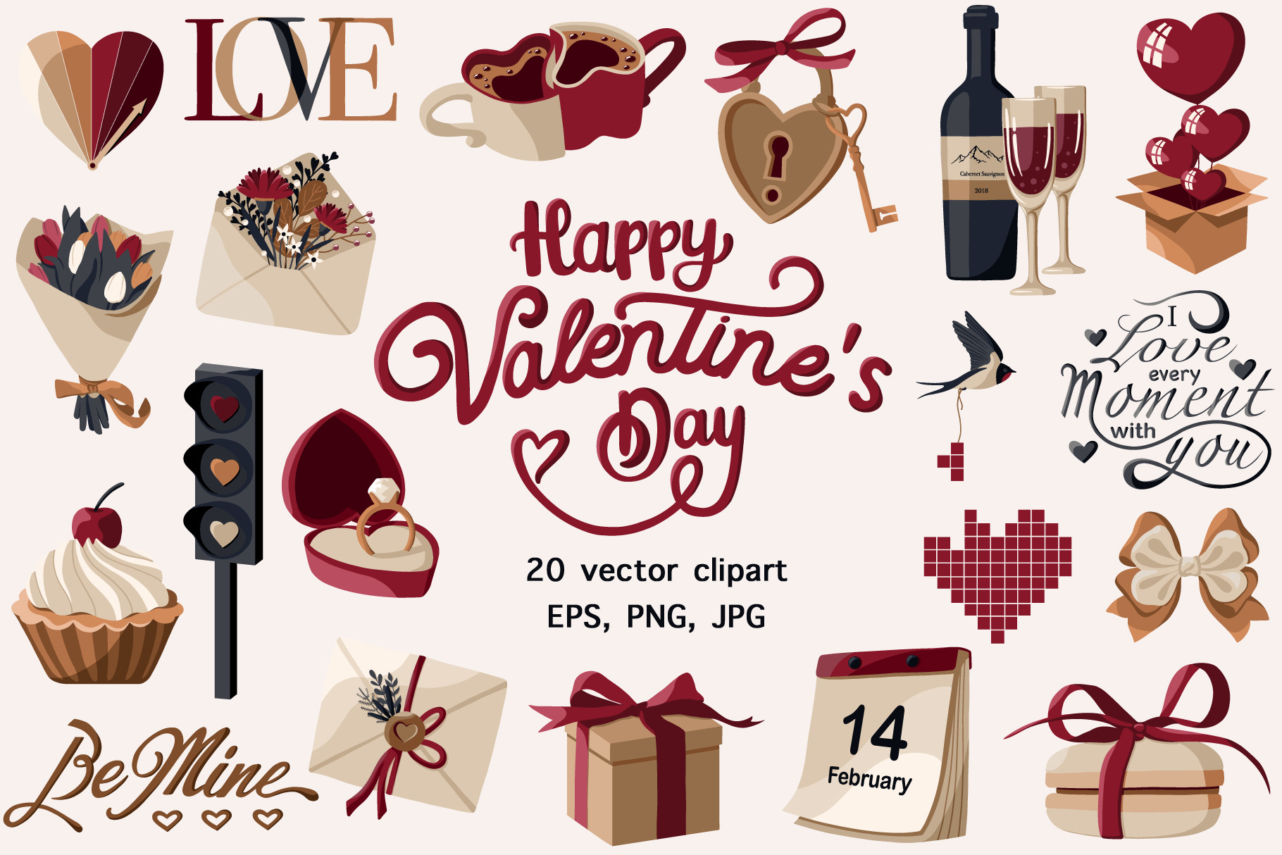 Happy Valentine’s Day vector clipart, a Decorative Illustration by ...