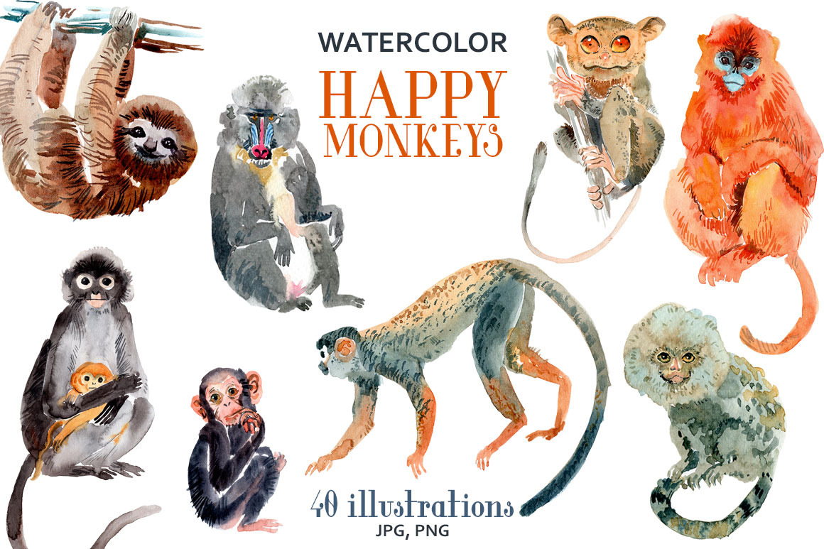 Watercolor Happy Monkeys, an Animal Illustration by Anastasia