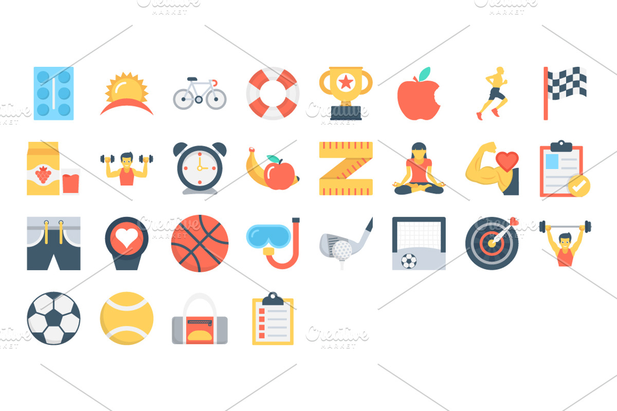 100 Flat Fitness Icons, an Outline Icon by Vectors Market