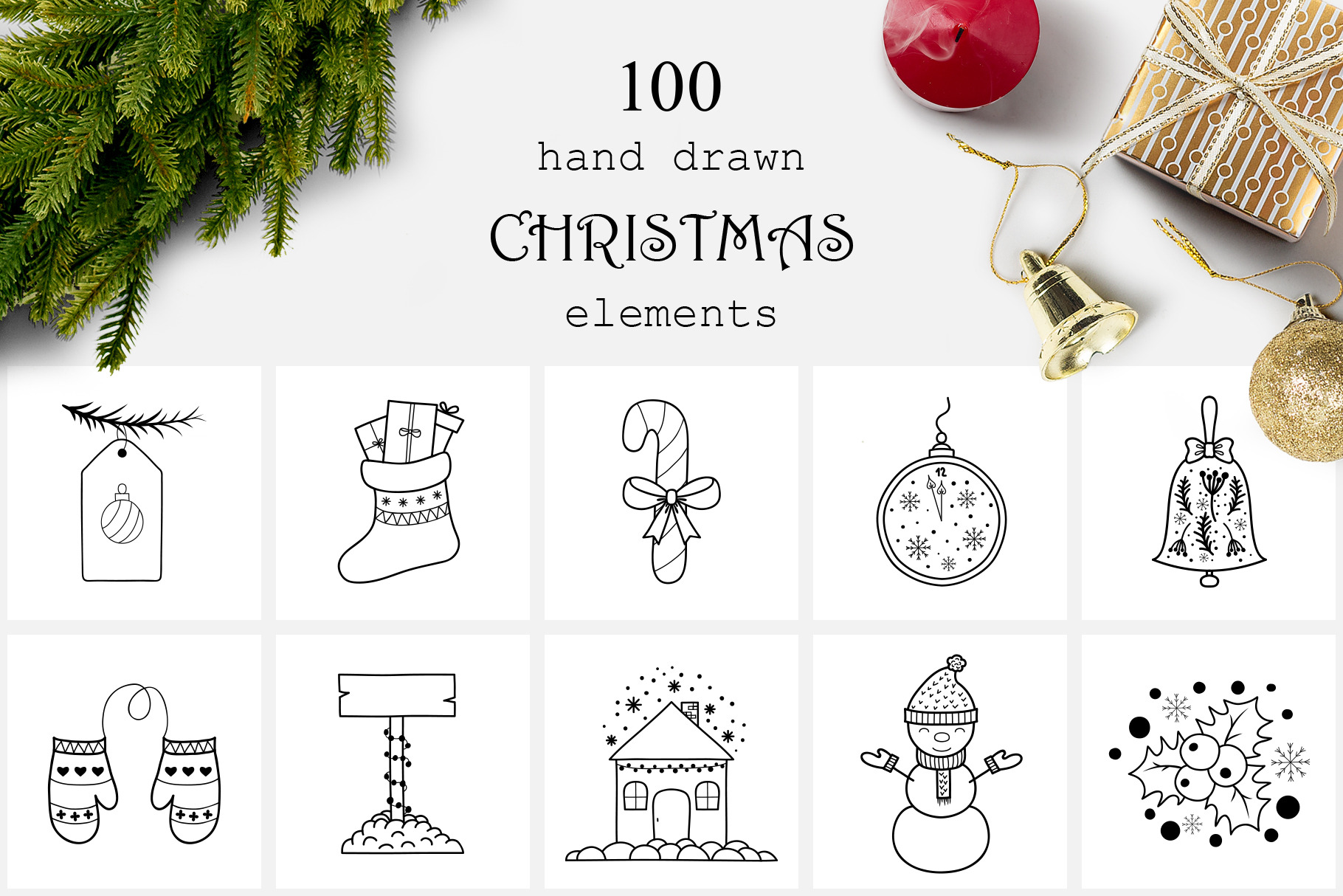 100 Hand Drawn Christmas Elements, a Decorative Illustration by ...