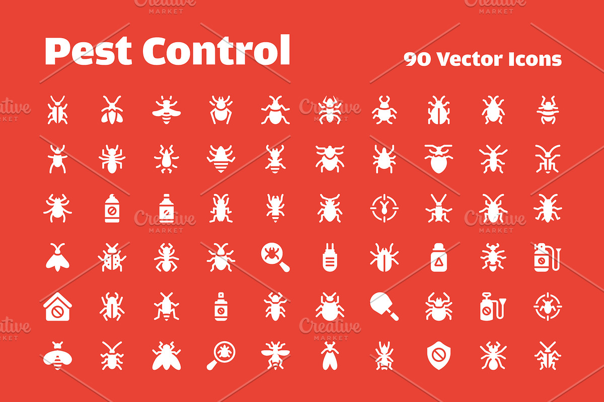 90 Pest Control Vector Icons, a Solid Icon by Vectors Market