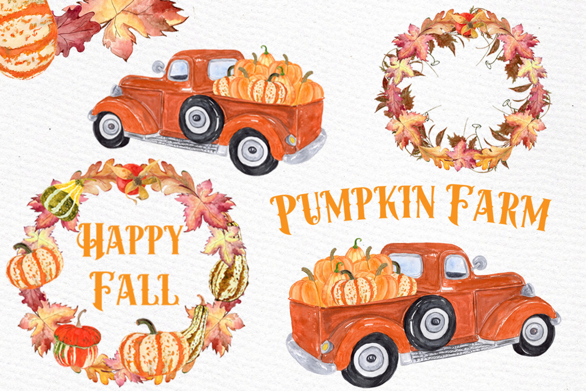 Pumpkin Farm Clipart, Retro Truck, an Illustration by LeCoqDesign