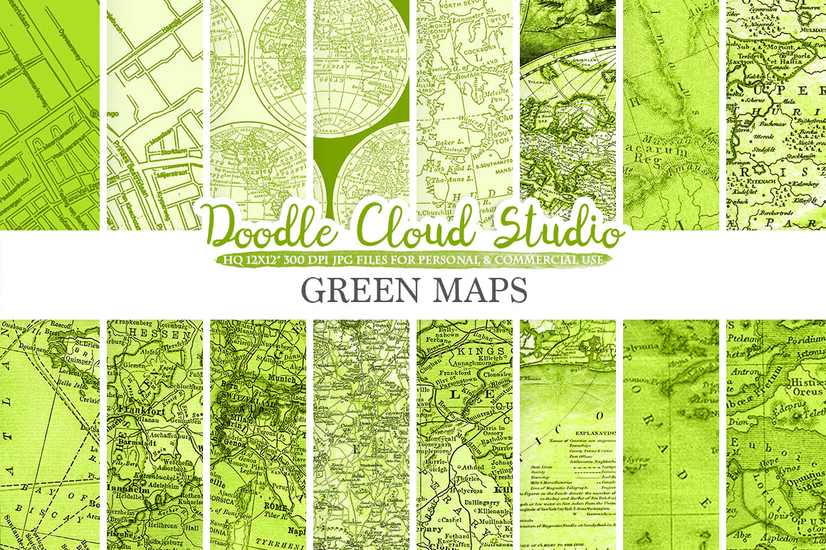 Green Vintage Maps digital paper, a Pattern Graphic by Doodle Cloud Studio