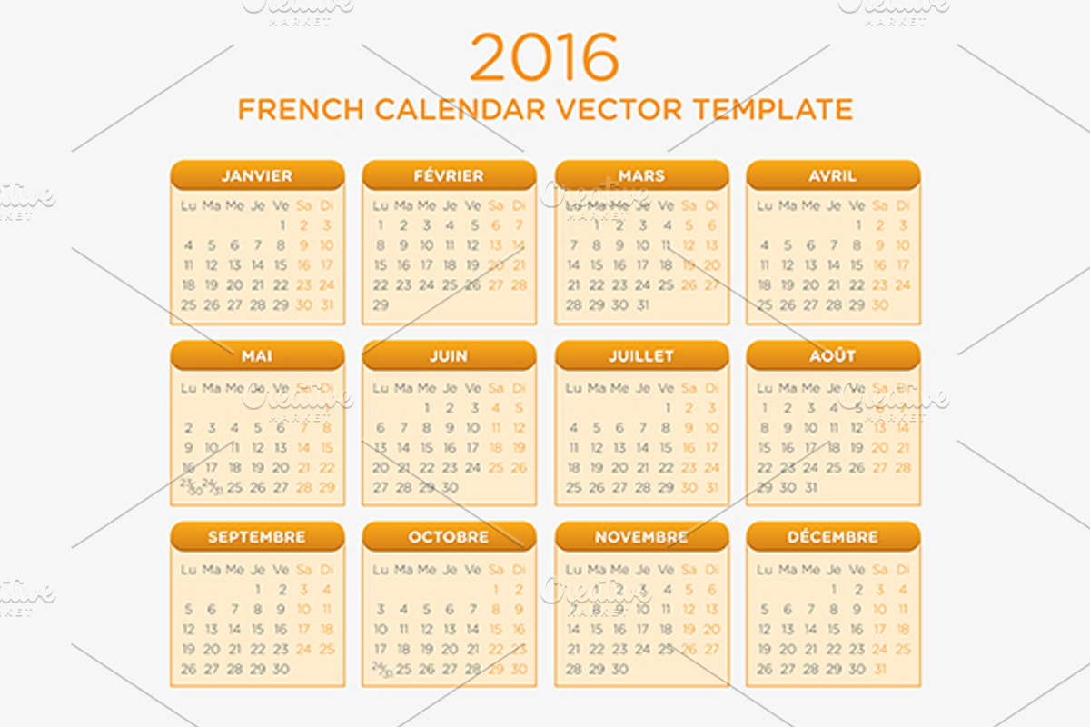 French Calendar Vector 2016, a Stationery Template by Urazovsky Design