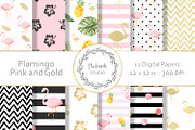 Pink and Gold Flamingo Digital Paper, a Pattern Graphic by MockTurtleStudio