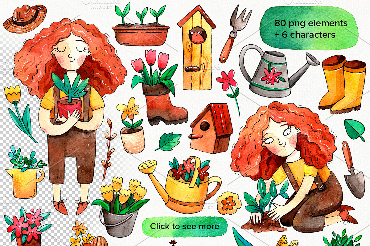 Spring Girl watercolor clipart set, a Decorative Illustration by ...