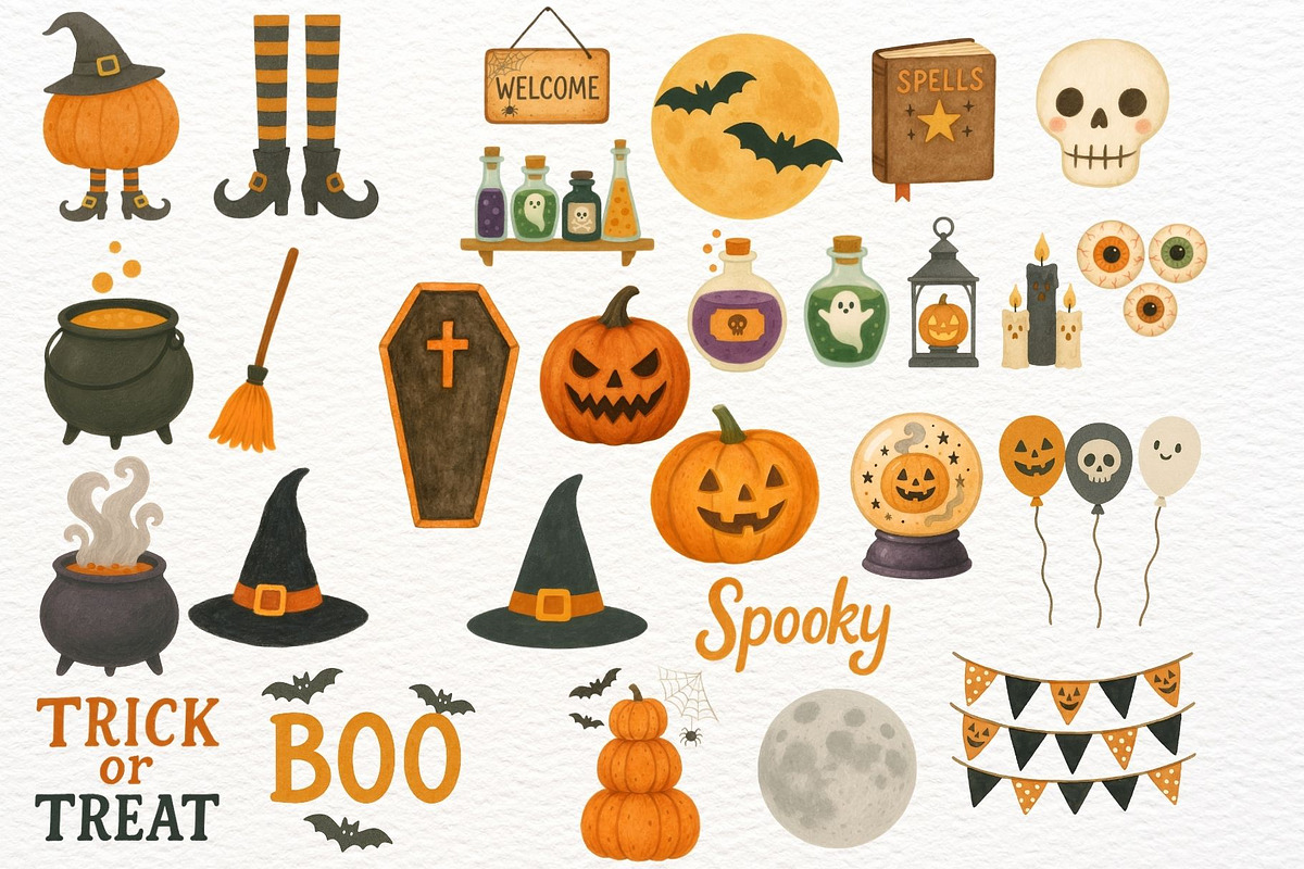 Cute Retro Halloween Watercolor PNG, a Seasonal Illustration by Nicolle ...